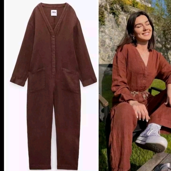 Zara | Pants & Jumpsuits | Zara 0 Linen The Veronica Overall Brown Szs ...